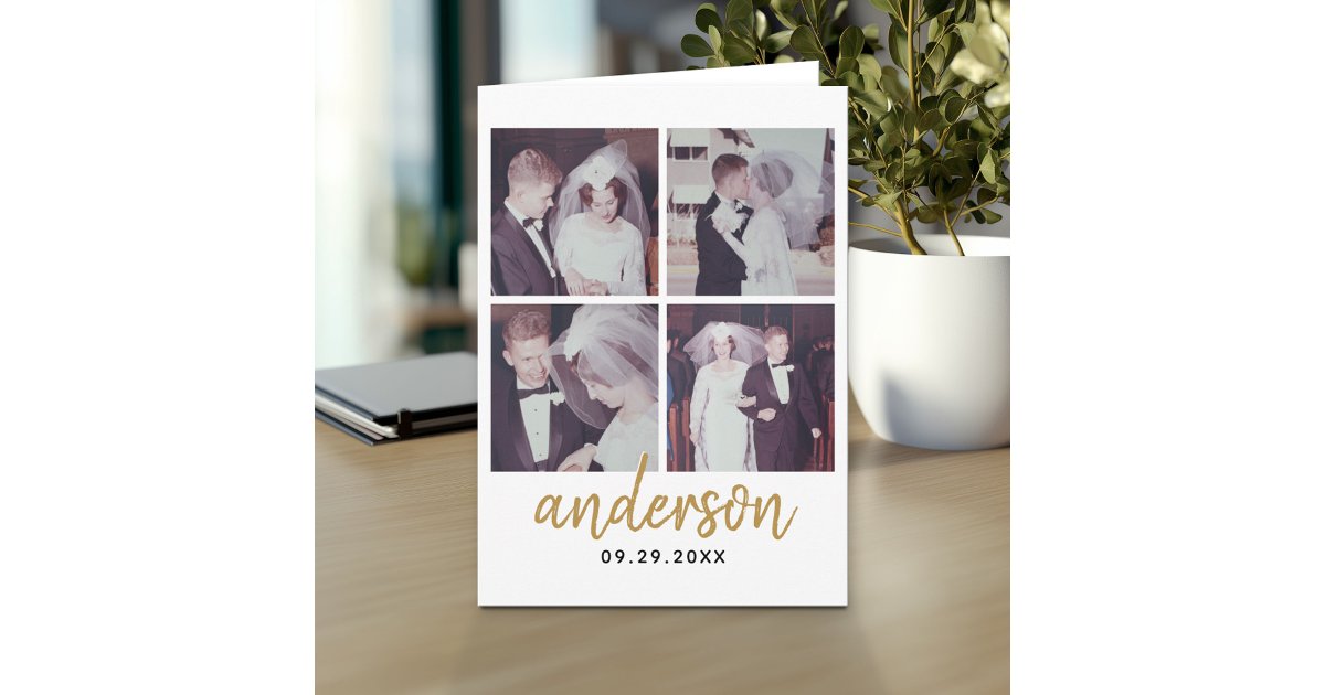 4 Photo Wedding Collage Handwritten Name Card | Zazzle