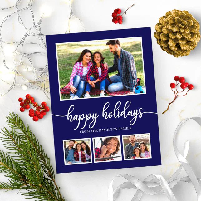 4 Photos Collage Happy Holidays Modern Blue Postcard | Zazzle