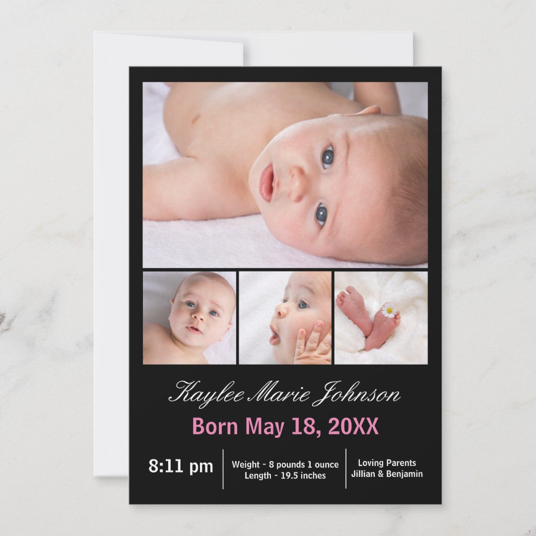 4 Photos Collage Vertical -Birth Announcement | Zazzle