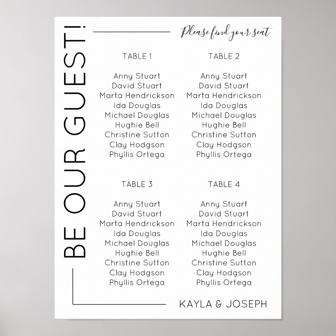 4 table Minimalist Wedding seating chart template | Zazzle