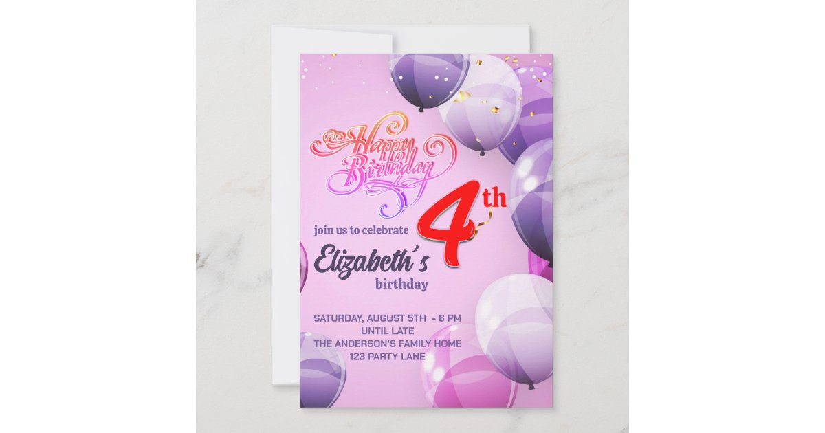 4 TH YEARS OLD GIRLS BIRTHDAY INVITATION | Zazzle