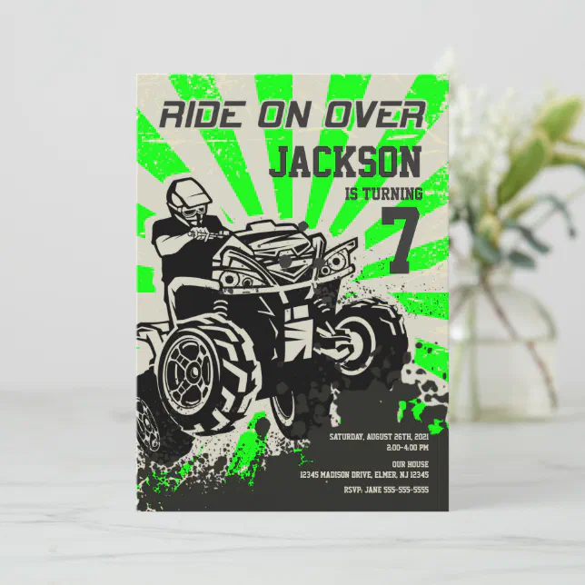 4 Wheeler Birthday Invitation / Quad Bike / Green | Zazzle