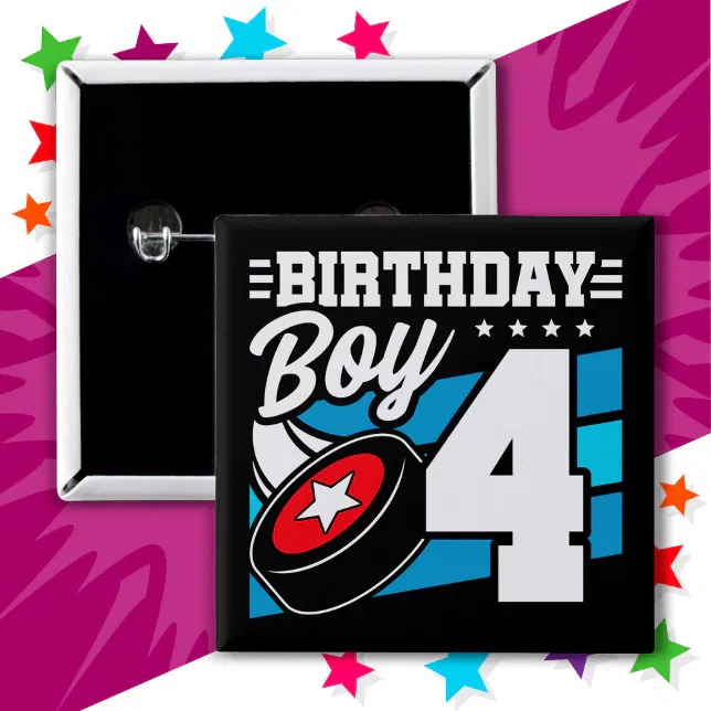 4 Year Old Hockey Party Theme 4th Birthday Boy Button | Zazzle