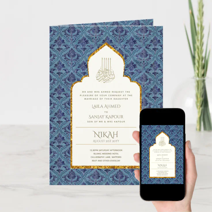 4Pg NIKAH WALIMA Invite Blue Ornate Islamic | Zazzle