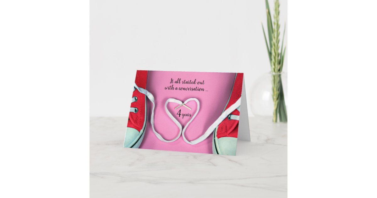 4th Anniversary Shoestring Heart and Sneakers Card | Zazzle