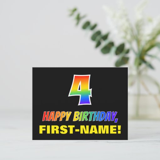 4th Birthday: Bold, Fun, Simple, Rainbow 4 Postcard | Zazzle
