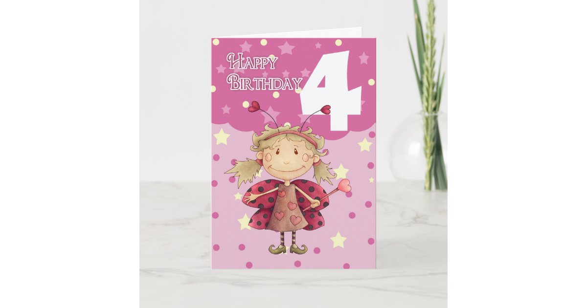 4th birthday card with cute ladybug fairy | Zazzle