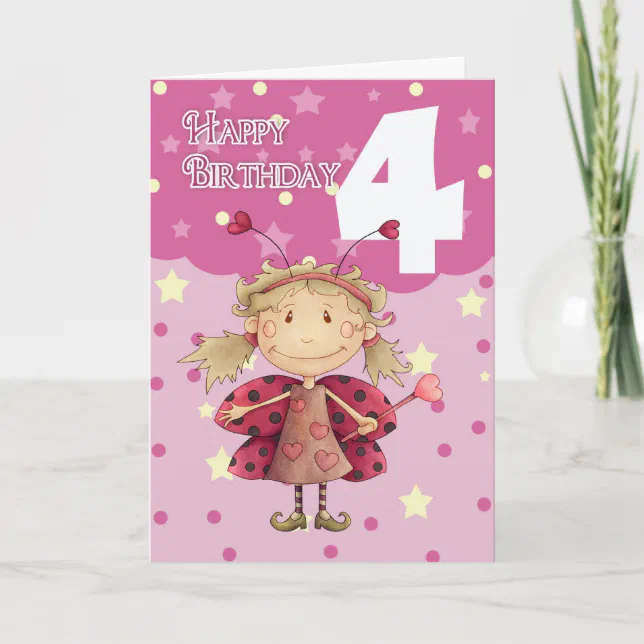 4th birthday card with cute ladybug fairy | Zazzle