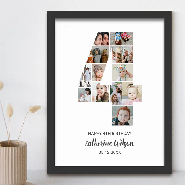 4th Birthday Number 4 Photo Collage Custom Picture Poster | Zazzle