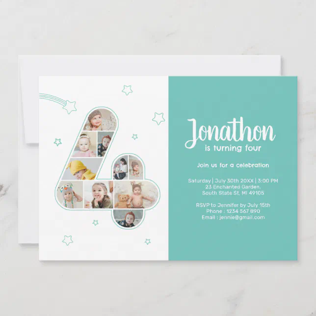 4th Birthday Party Number 4 Custom Photo Collage Invitation | Zazzle