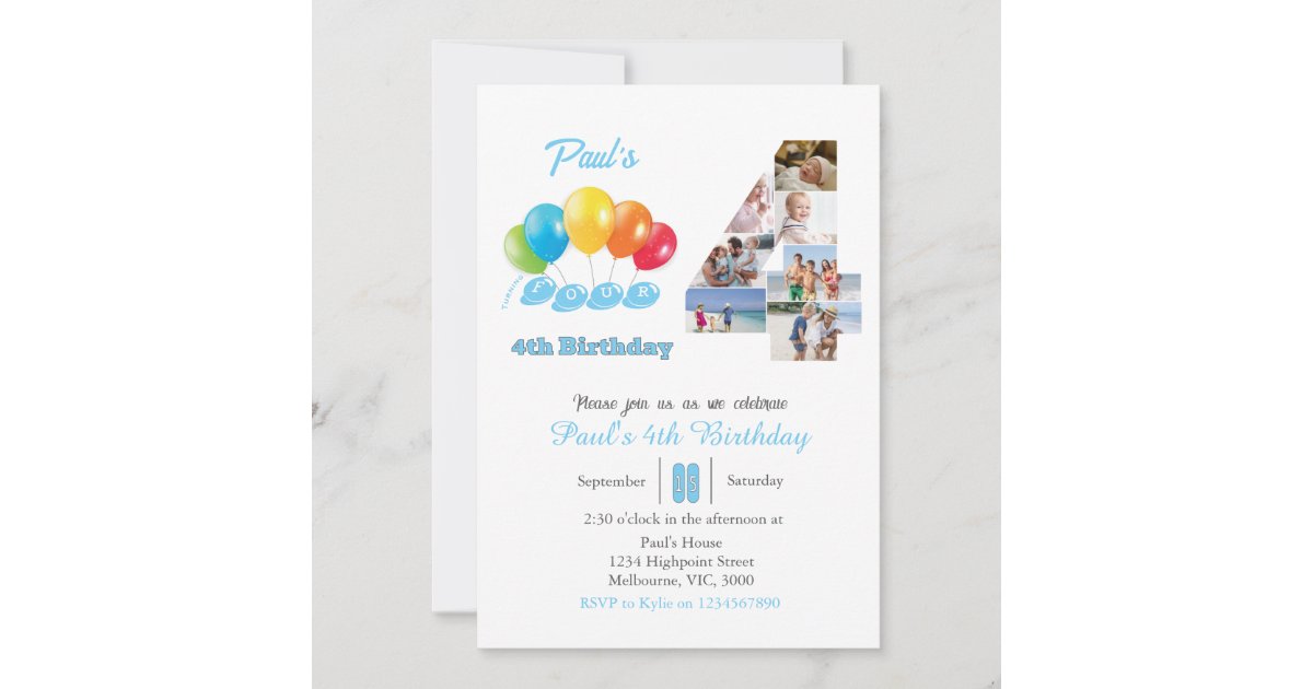 4th birthday photo collage number 4 Boy Invitation | Zazzle