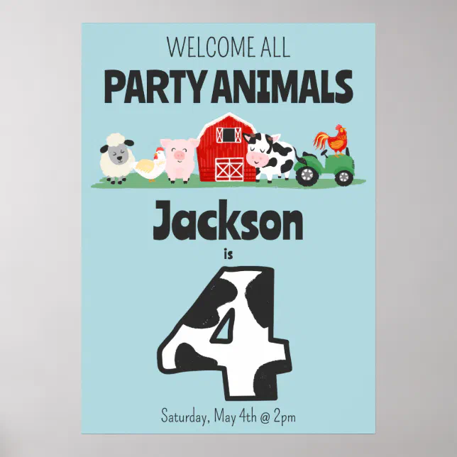 4th Birthday Welcome Party Animals Farm Poster | Zazzle
