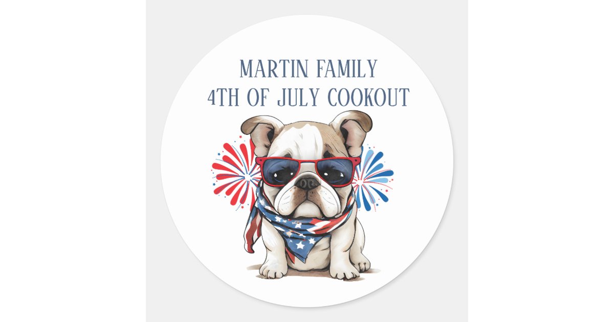 4th July Independence Day Red White Blue Bulldog Classic Round Sticker ...