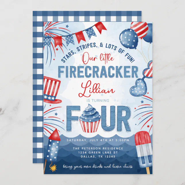 4th of July Fireworks Turning FOUR Birthday Party Invitation | Zazzle