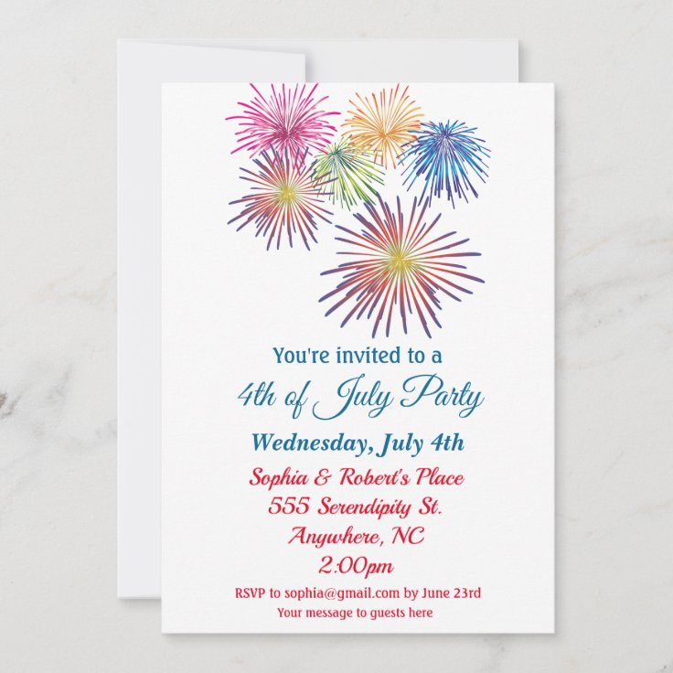 4th of July Party Colorful Fireworks Invitation | Zazzle