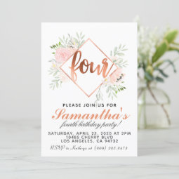4th Rose Gold Birthday Invitation | Zazzle