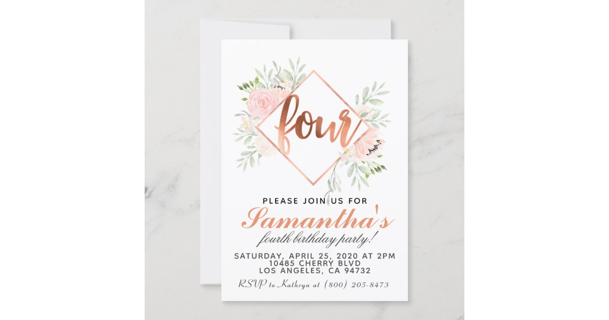 4th Rose Gold Birthday Invitation | Zazzle