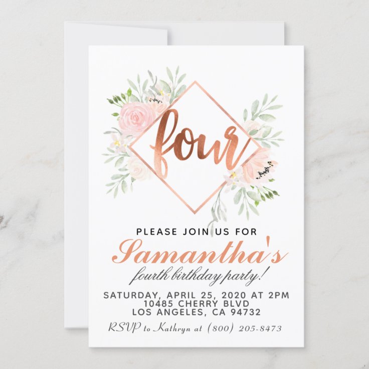 4th Rose Gold Birthday Invitation | Zazzle