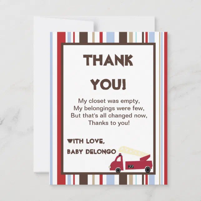 4x5 FLAT Thank You Card Nojo Fire Engine | Zazzle