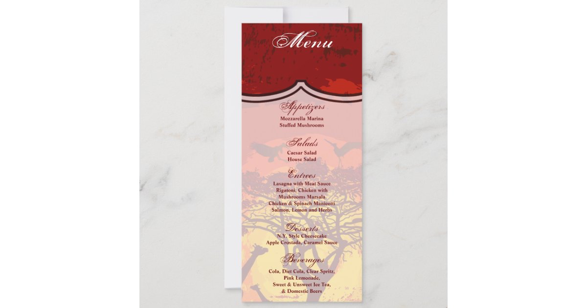 4x9.25 Menu Cards African Safari Giraffe Sun | Zazzle
