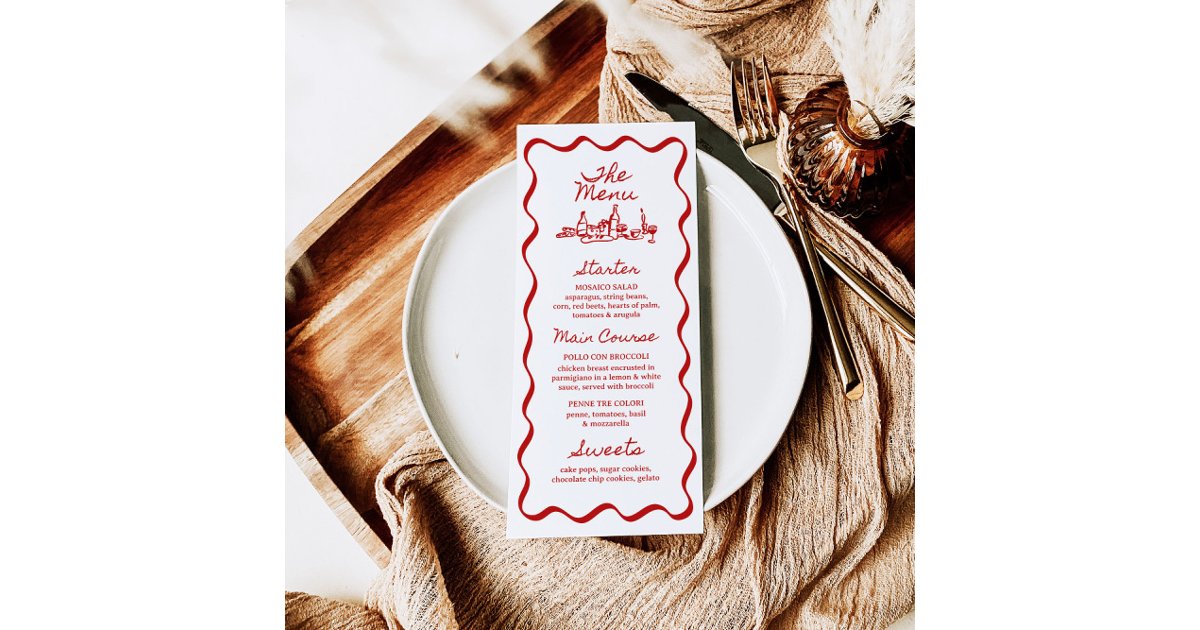 4x9" Handwritten Wavy Border Whimsical Menu | Zazzle