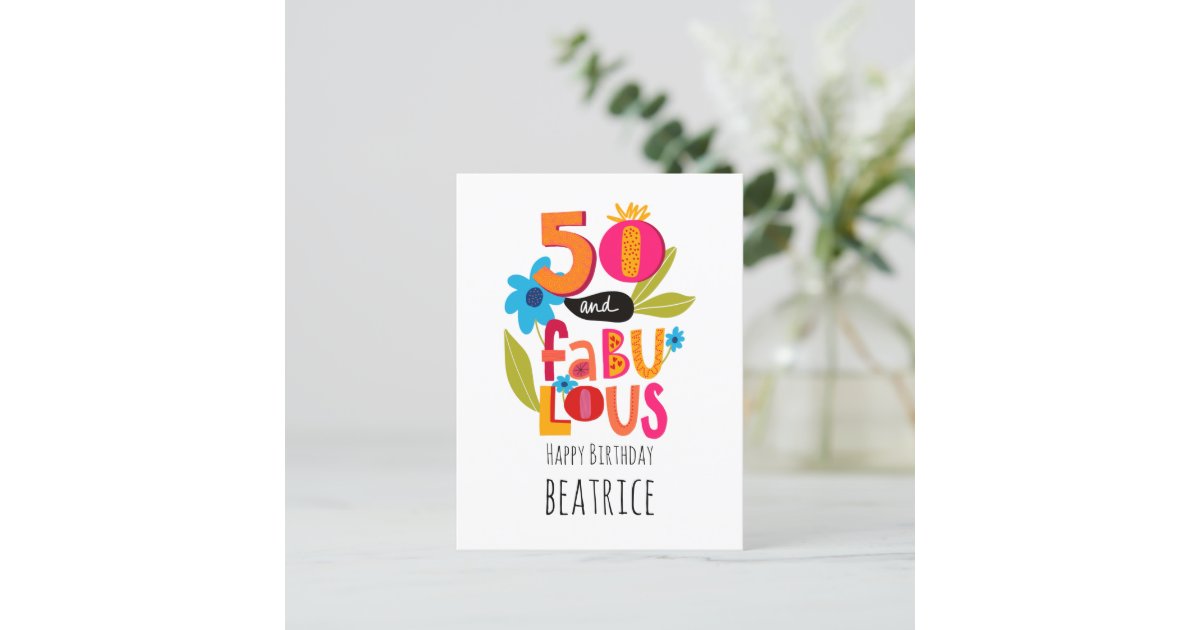 50 and Fabulous 50th Birthday Whimsical Lettering Postcard | Zazzle