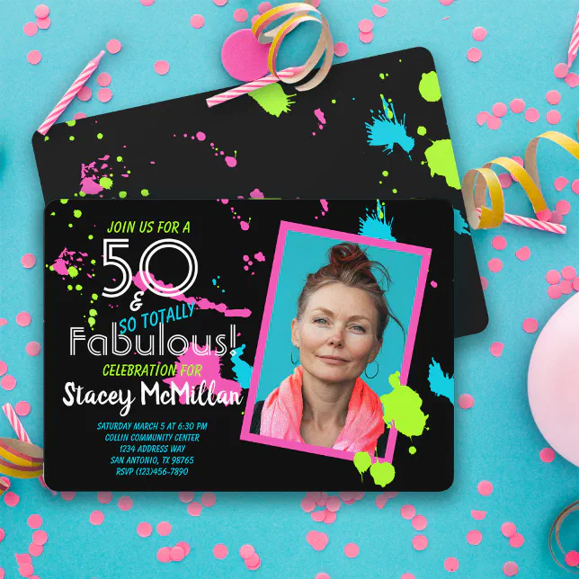 50 and Fabulous 80s Retro Paint Splatter Birthday Invitation | Zazzle