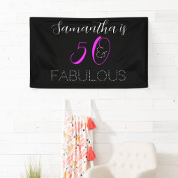 50 and fabulous Chic Hot Pink Black 50th Birthday Banner | Zazzle