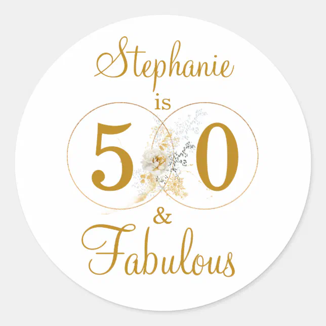 50 and Fabulous Custom Name 50th Birthday Classic Round Sticker | Zazzle