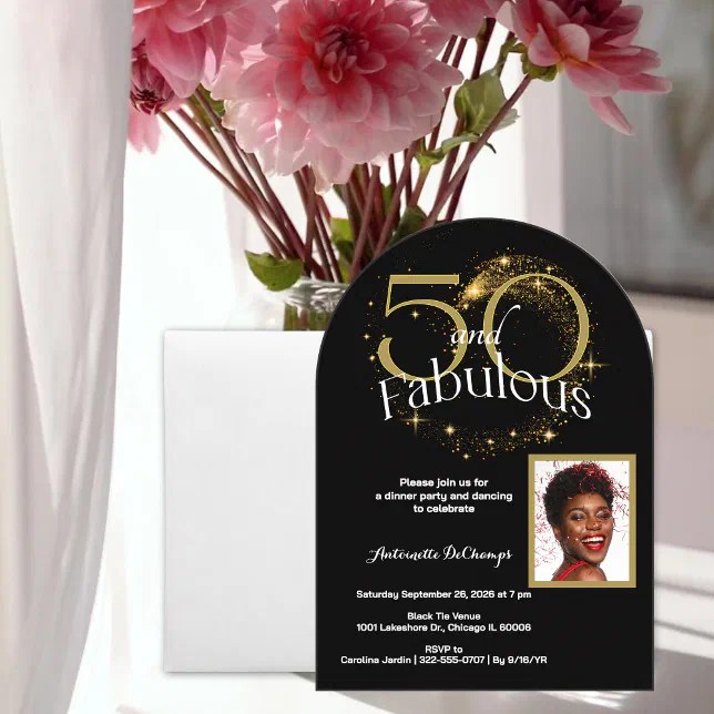 50 and Fabulous Customized Single Photo Black Gold Acrylic Invitations ...