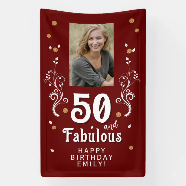50 and Fabulous Foliage Red 50th Birthday Photo Banner | Zazzle