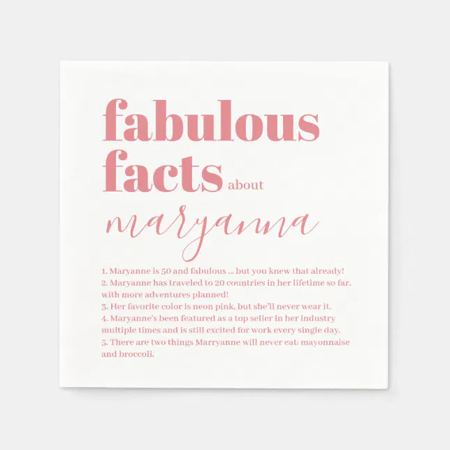 50 and Fabulous Fun Fact Pink Birthday Napkins | Zazzle