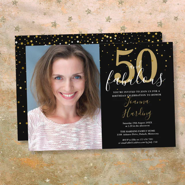 50 and Fabulous Gold Black 50th Birthday Photo Invitation | Zazzle