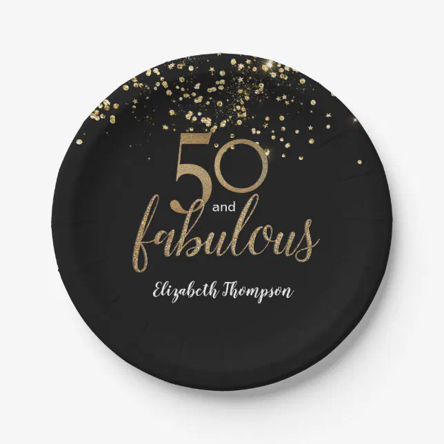 50 and fabulous gold glitter confetti personalized paper plates | Zazzle