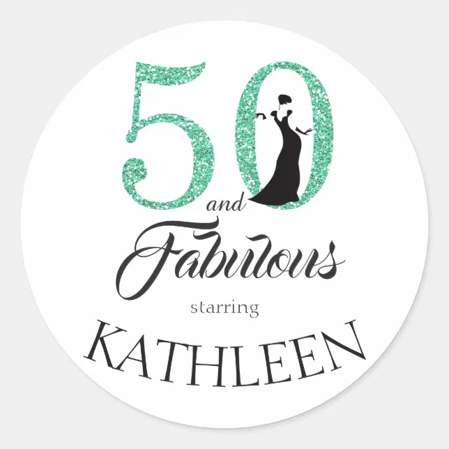 50 and Fabulous Green Glitter Custom Name Classic Round Sticker | Zazzle