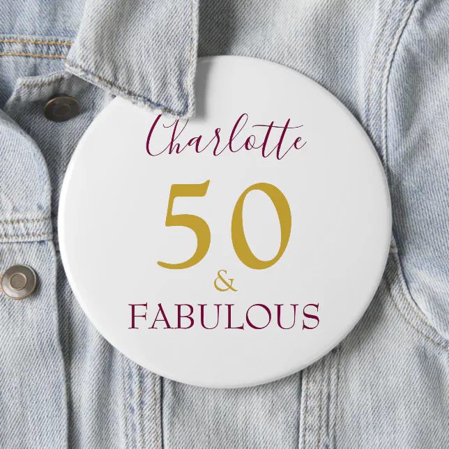 50 and Fabulous Modern 50th Birthday gold purple Button | Zazzle