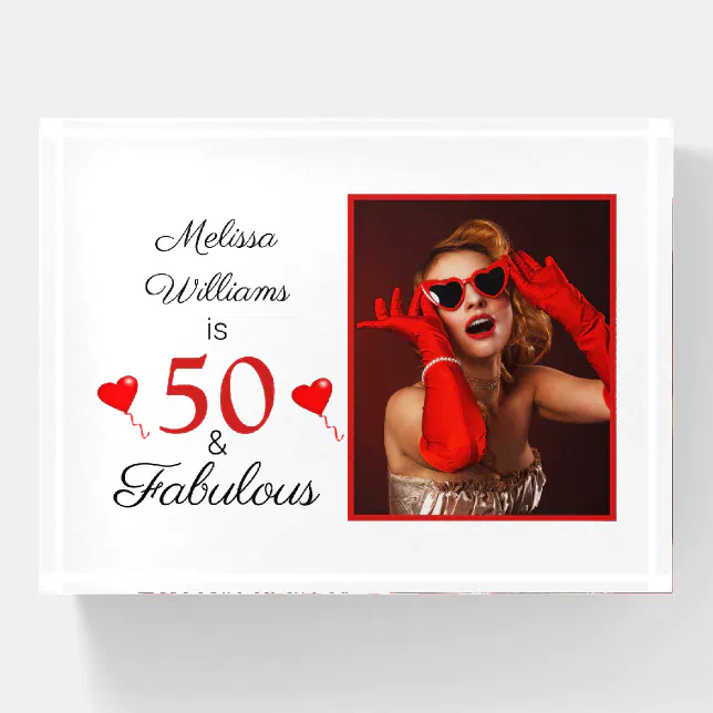 50 and Fabulous Name Photo Red 50th Birthday Paperweight | Zazzle