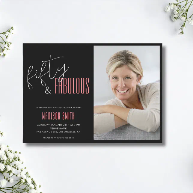 50 and Fabulous Photo Black and Pink 50th Birthday Invitation | Zazzle