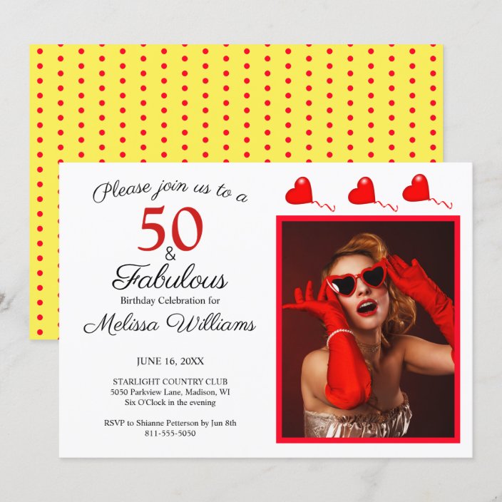 50 and Fabulous Photo Red 50th Birthday Yellow Red Invitation | Zazzle.com