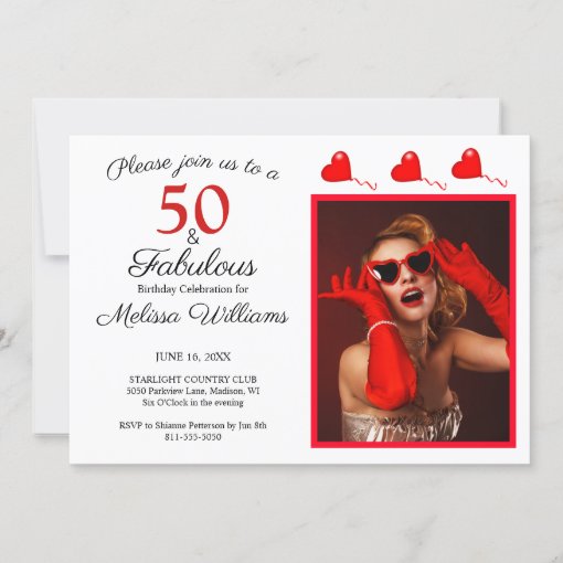50 and Fabulous Photo Red 50th Birthday Yellow Red Invitation | Zazzle