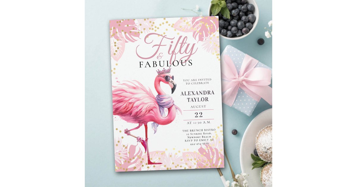 50 and Fabulous Pink Flamingo Funny 50th Birthday Invitation | Zazzle
