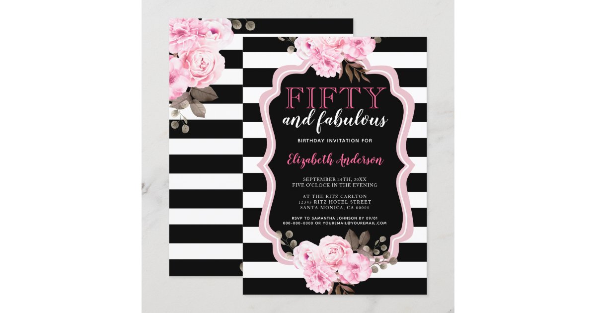 50 and Fabulous Pink Floral Black Stripe Invitation | Zazzle