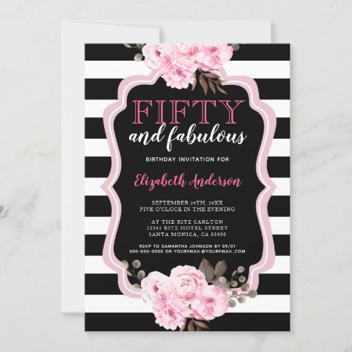 50 and Fabulous Pink Floral Black Stripe Invitation | Zazzle