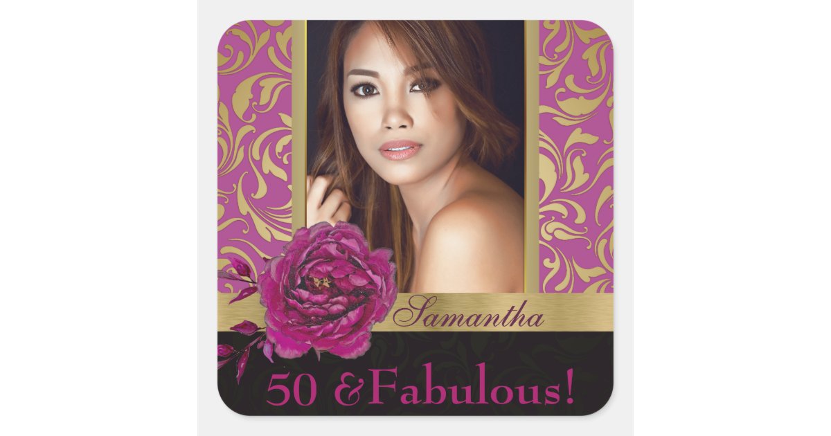 50 And Fabulous Purple Gold Damask Photo Birthday Square Sticker Zazzle