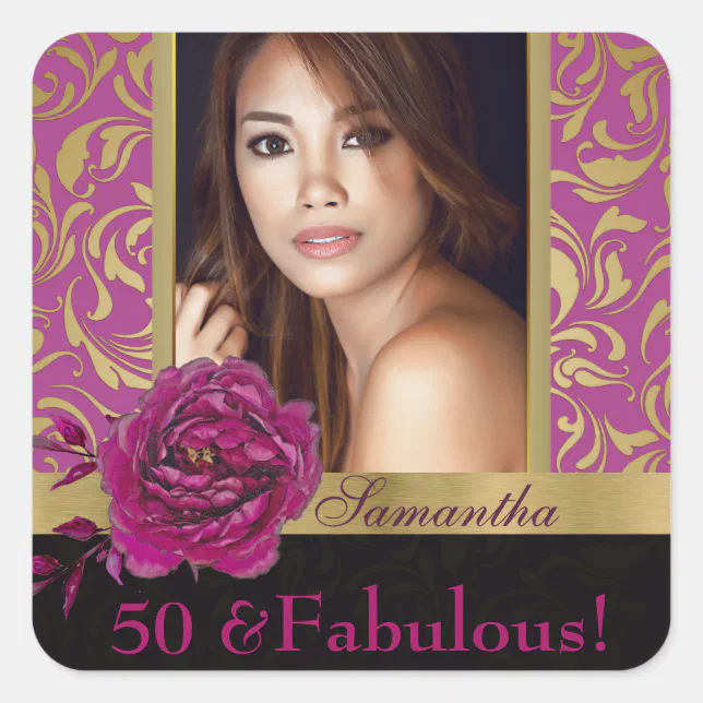 50 And Fabulous Purple Gold Damask Photo Birthday Square Sticker Zazzle