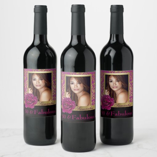50 And Fabulous Purple Gold Damask Photo Birthday Wine Label Zazzle