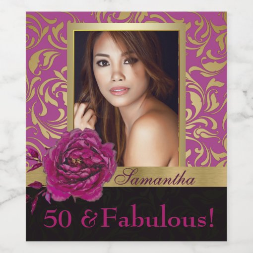 50 And Fabulous Purple Gold Damask Photo Birthday Wine Label Zazzle