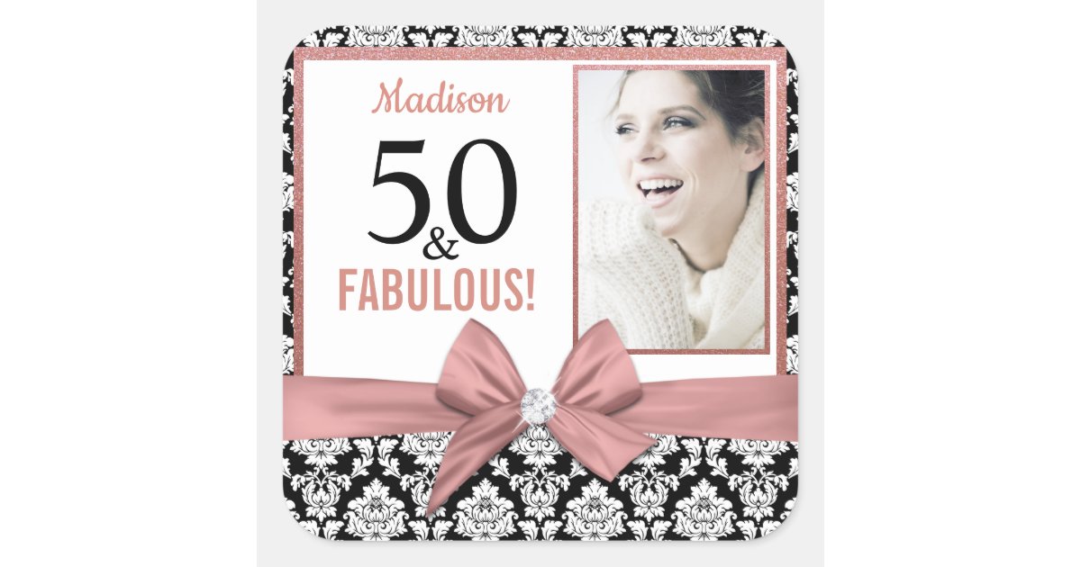50 And Fabulous Rose Gold Bow Damask 50th Birthday Square Sticker Zazzle