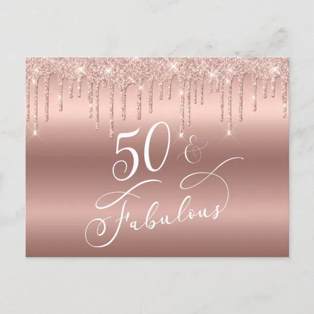 50 And Fabulous Rose Gold Glitter Birthday Party Invitation Postcard