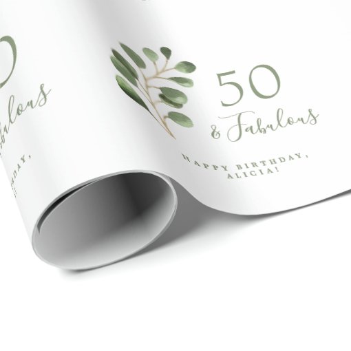 50 and fabulous sage green eucalyptus birthday wrapping paper | Zazzle